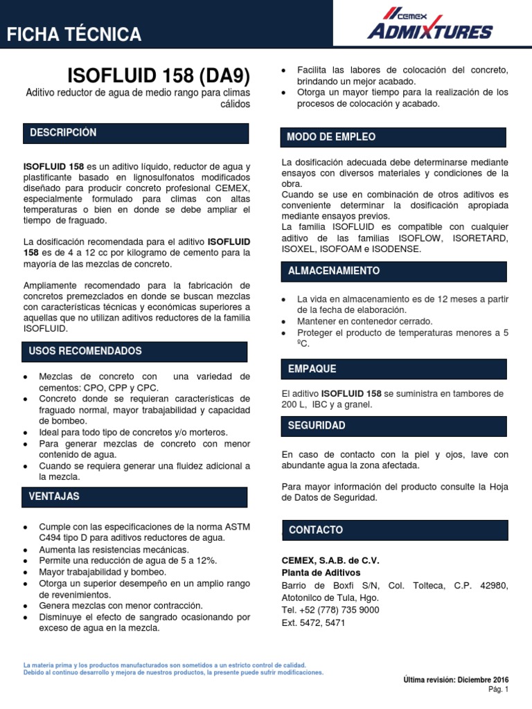 Isofluid 158 Tds SP | PDF | Hormigón | Agua