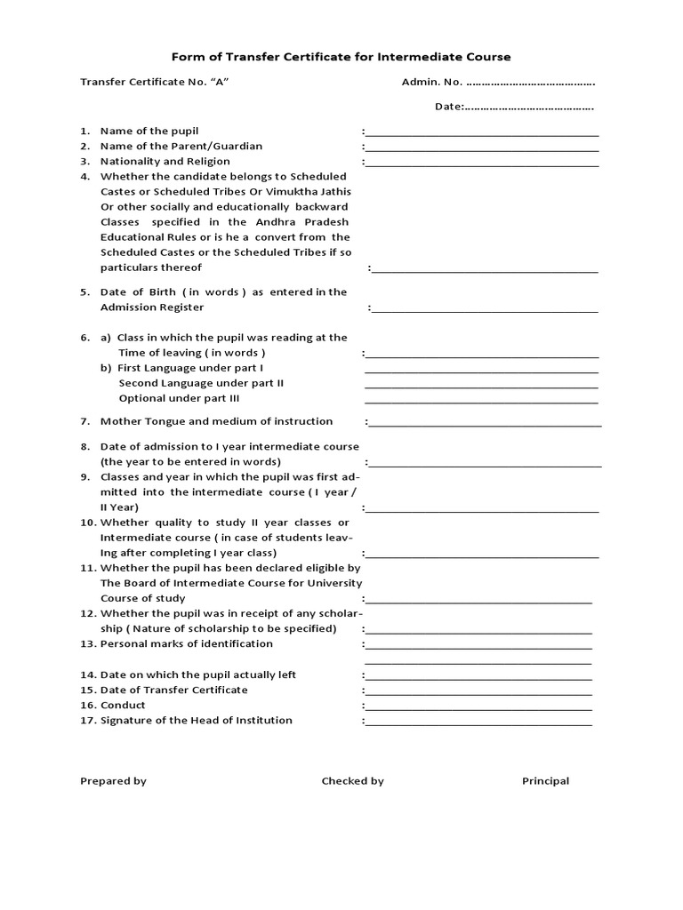 Form of Transfer Certificate For Intermediate Course | PDF | Further ...