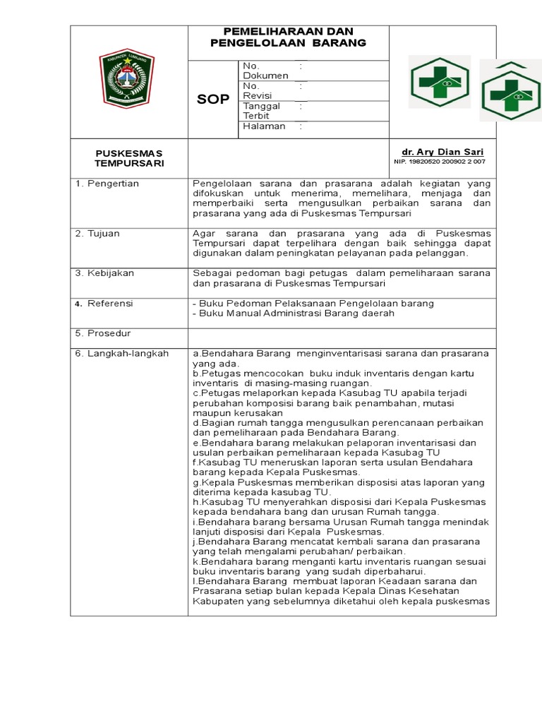 Sop Pemeliharaan Barang Di PKM | PDF