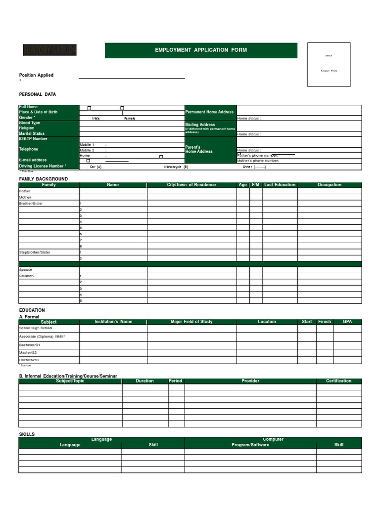 Suntory Garuda Application Form APPLICATION FORM | PDF | Identity ...