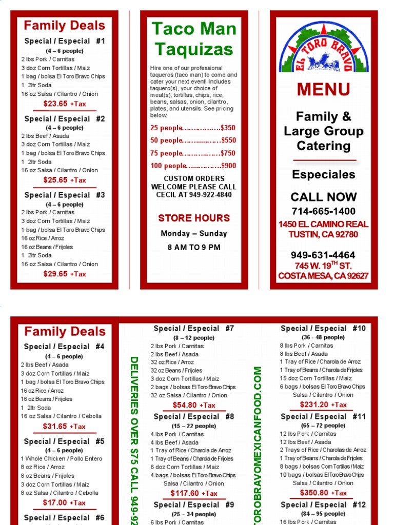 El Toro Bravo Menu 2015 | PDF | Maize | Taco