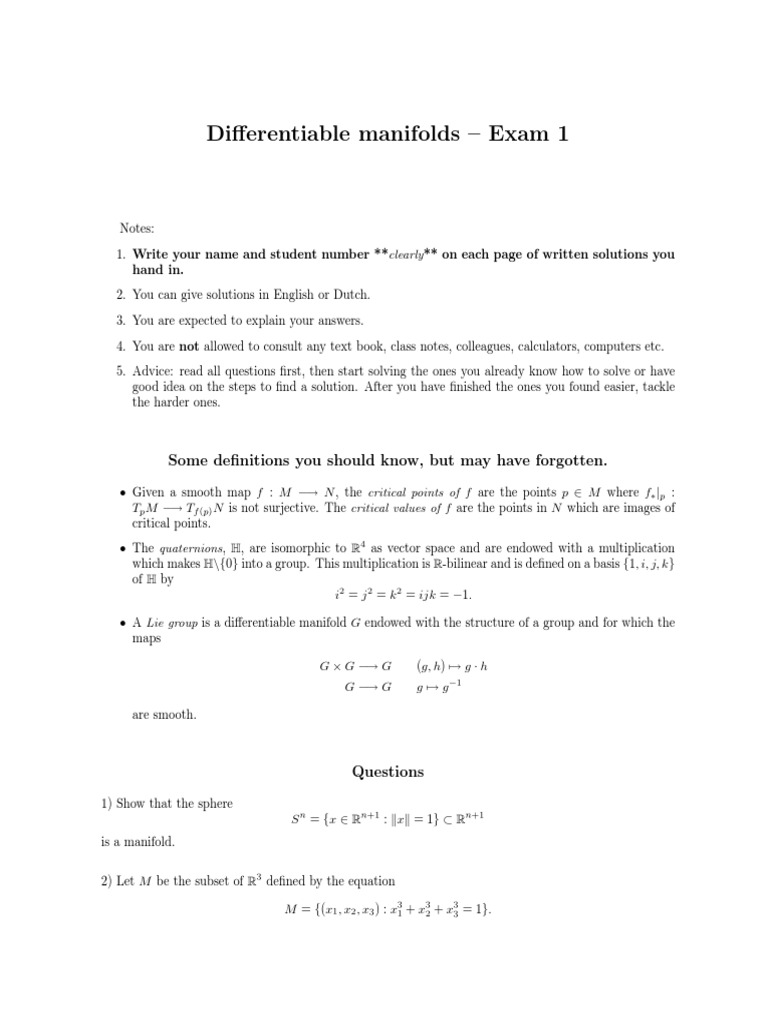Differential Manifolds Exam | PDF | Differentiable Manifold | Functions ...