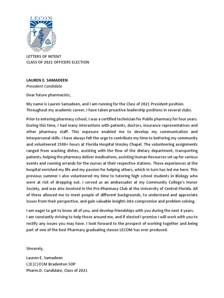 Letters of Intent For Class of 2021 Officers Election | PDF | Pharmacy ...