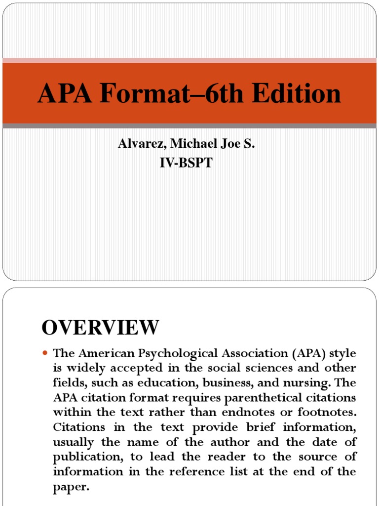 APA Format-6th Edition: Alvarez, Michael Joe S. Iv-Bspt | PDF ...