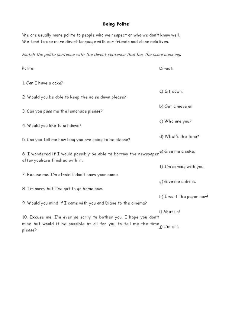 Match The Polite Sentence With The Direct Sentence That Has The Same ...