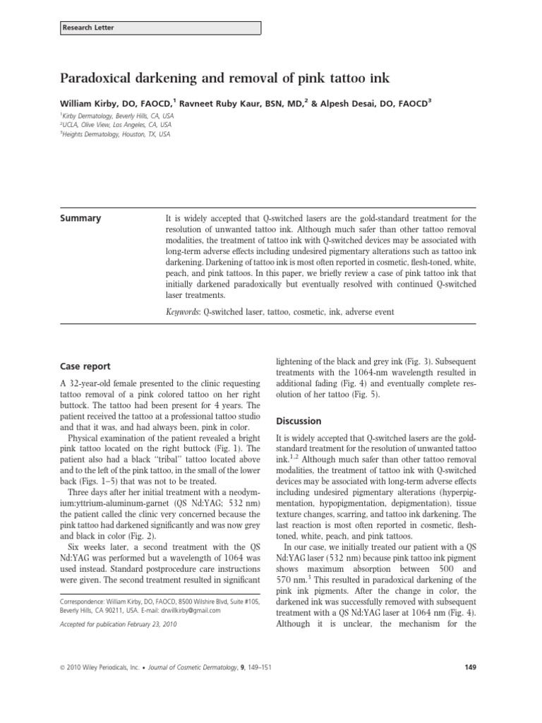 Paradoxical Darkening and Removal of Pink Tattoo Ink JOCD Jun 2010 ...