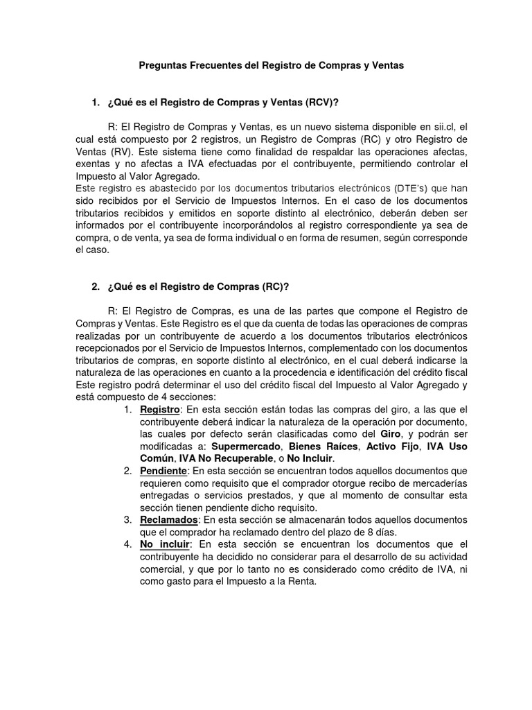 Registro de Compras y Ventas FAQ SII | PDF | Factura | Impuestos