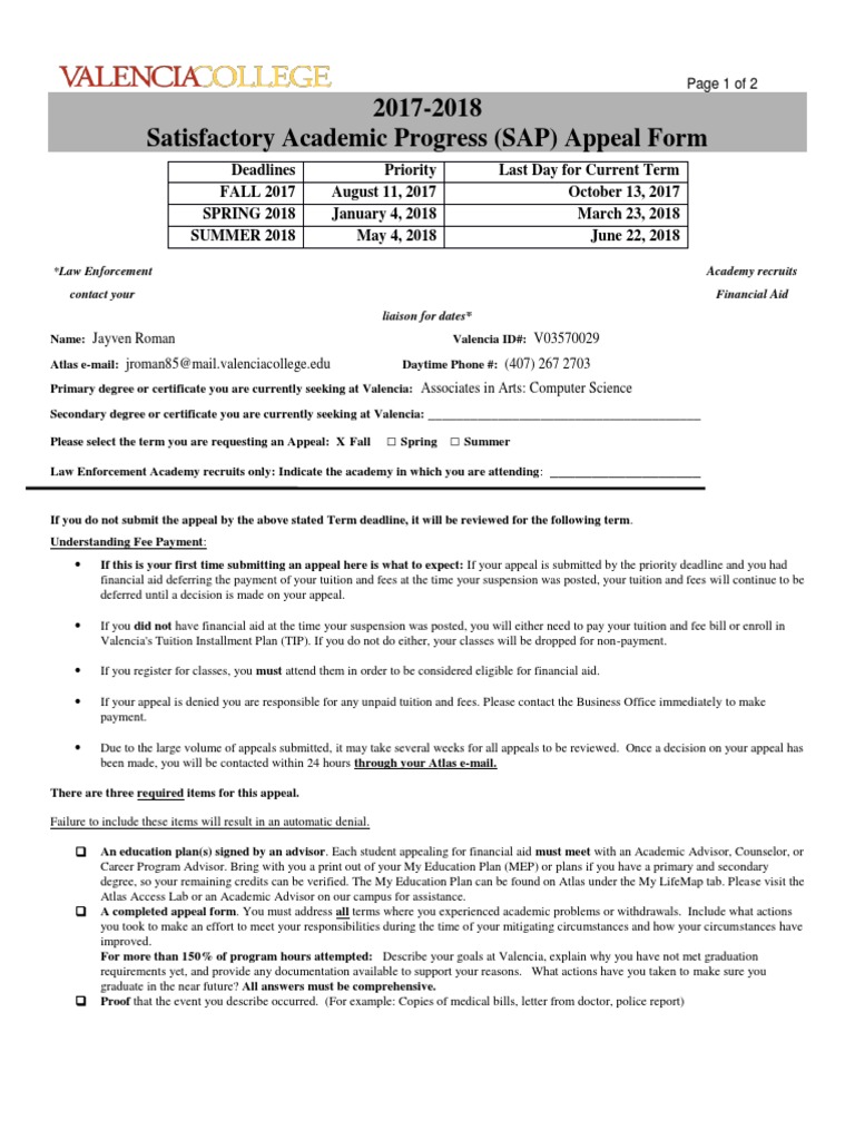 Valencia SAP Appeal Process Guide | PDF | Student Financial Aid In The ...