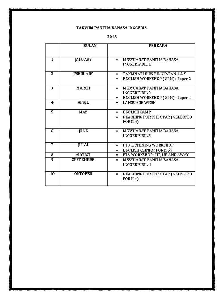 Takwim Panitia Bahasa Inggeris | PDF