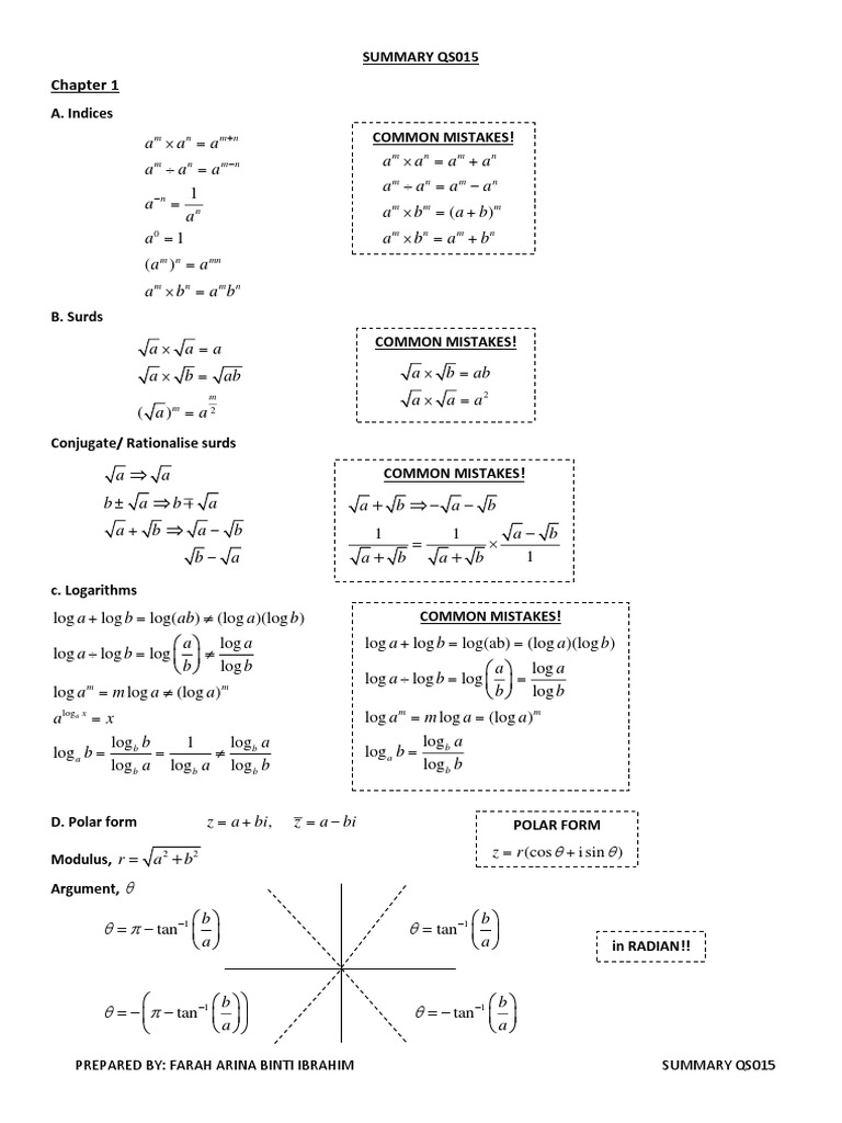 Summary Chapter 1 To 4 Qs015 | PDF | Logarithm | Complex Number