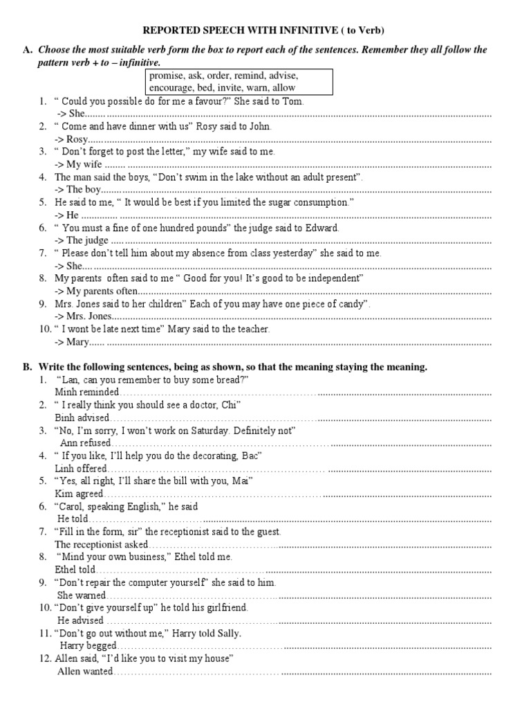 EXERCISES - Reported Speech With Infinitive | PDF