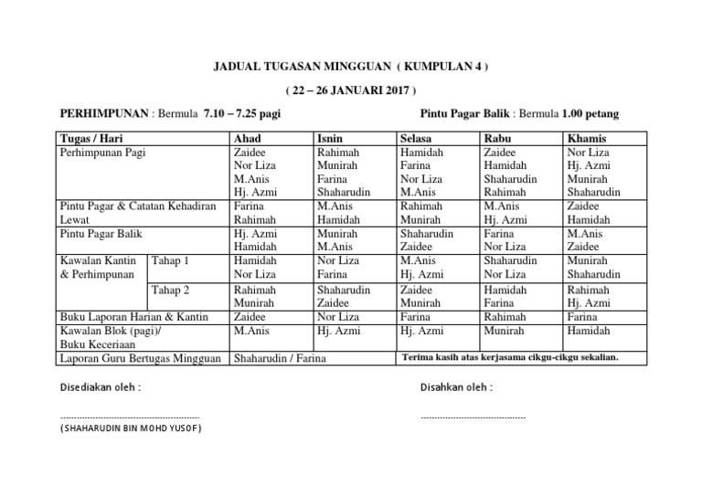 Jadual Tugasan Mingguan | PDF