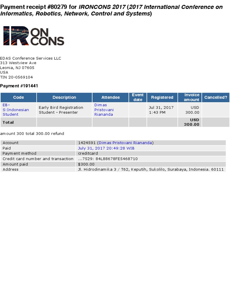 Payment Receipt #80279 For IRONCONS 2017 (2017 International Conference ...
