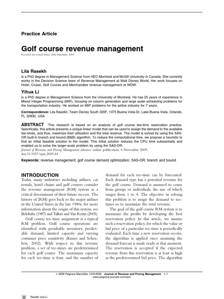 Golf Course Revenue Management | PDF | Linear Programming ...