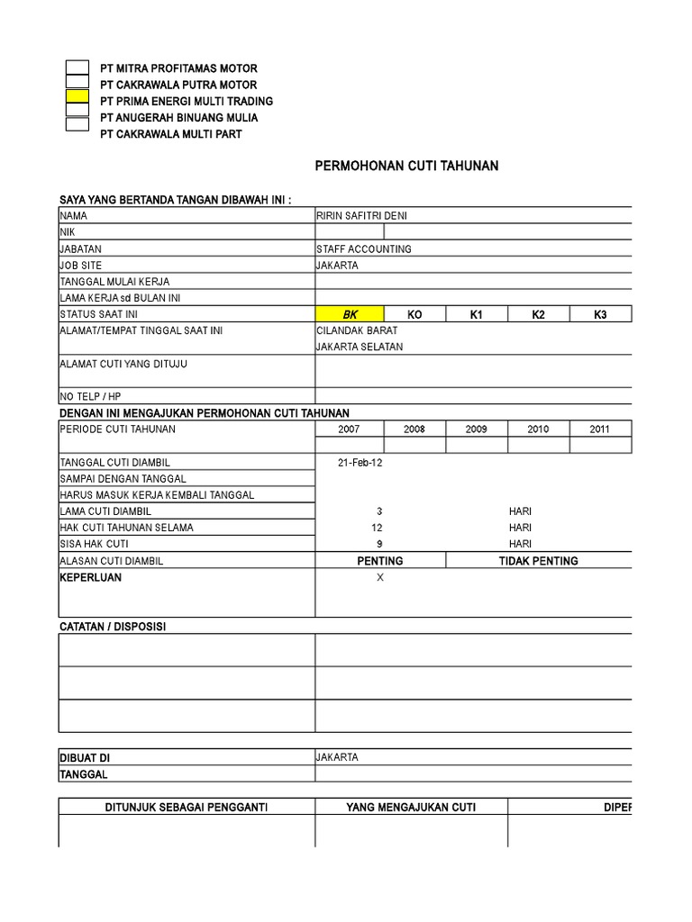 Form Permohonan Cuti | PDF