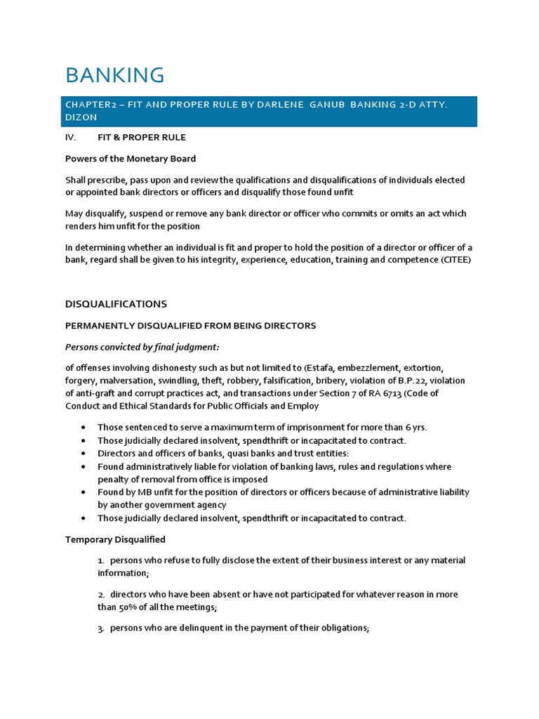 Banking: Chapter2 - Fit and Proper Rule by Darlene Ganub Banking 2-D Atty. Dizon | PDF | Board ...