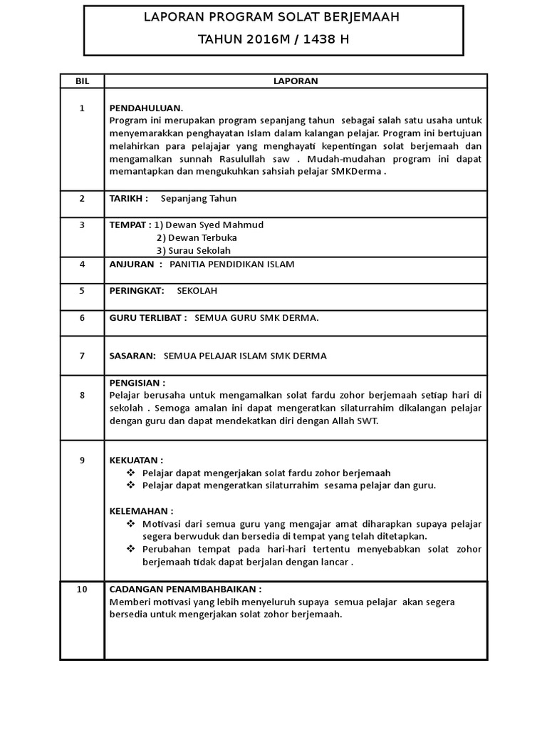 Laporan Program Solat Berjemaah 2016 | PDF | Karier & Perkembangan ...
