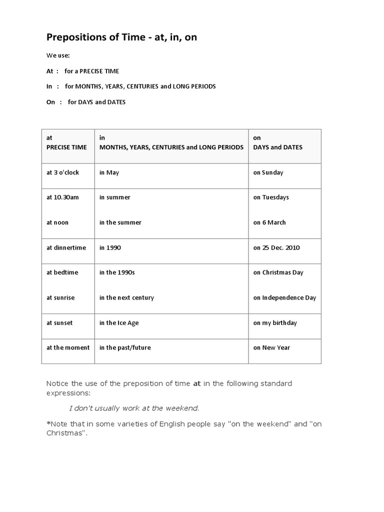 Prepositions of Time - At, In, On | PDF | Language Arts & Discipline