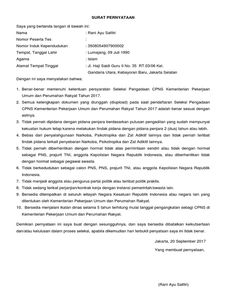 Surat Pernyataan Pupr | PDF