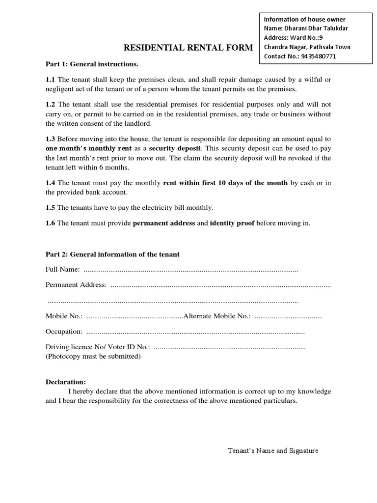 Residential Rental Form | PDF | Leasehold Estate | Renting