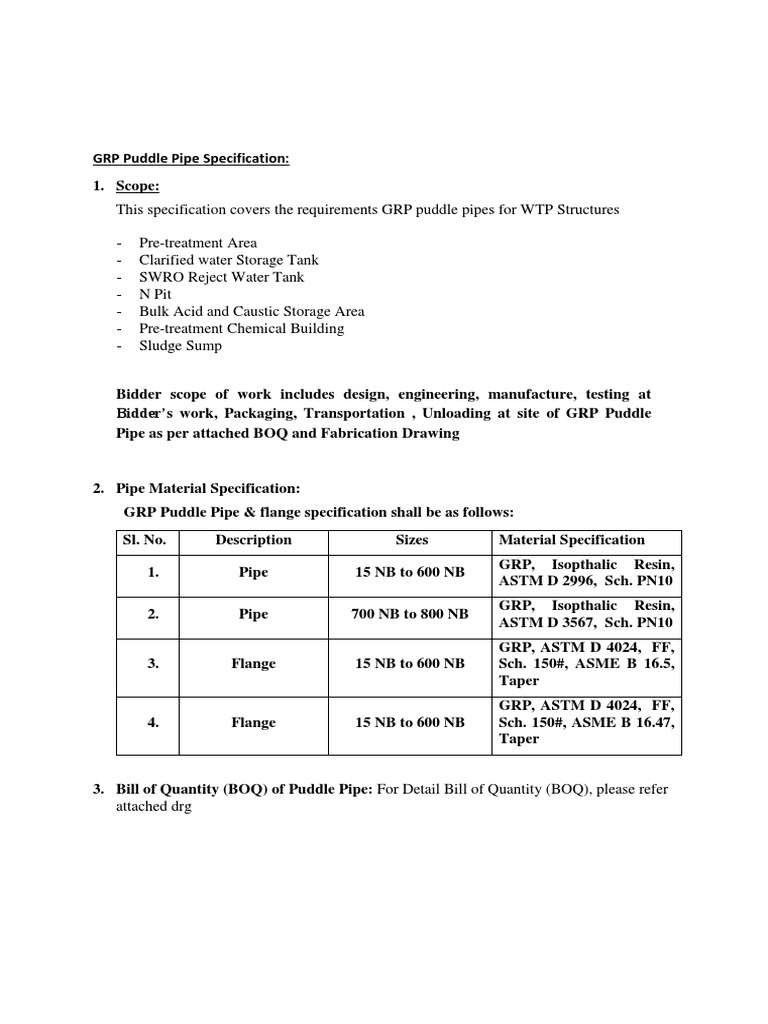 GRP Puddle Pipe Specification Document | PDF