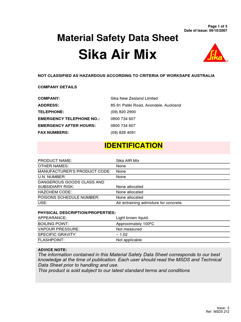 Msds Sika Air Mix | PDF | Safety | Chemistry