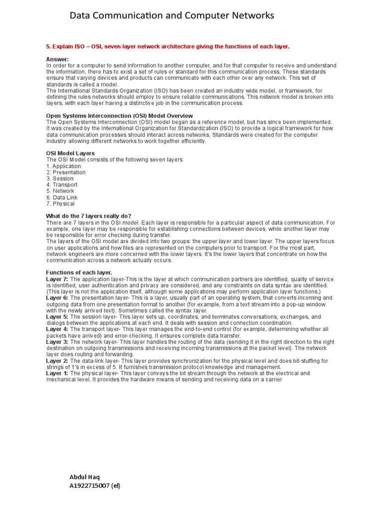 Explain ISO - OSI, Seven Layer Network Architecture Giving The ...