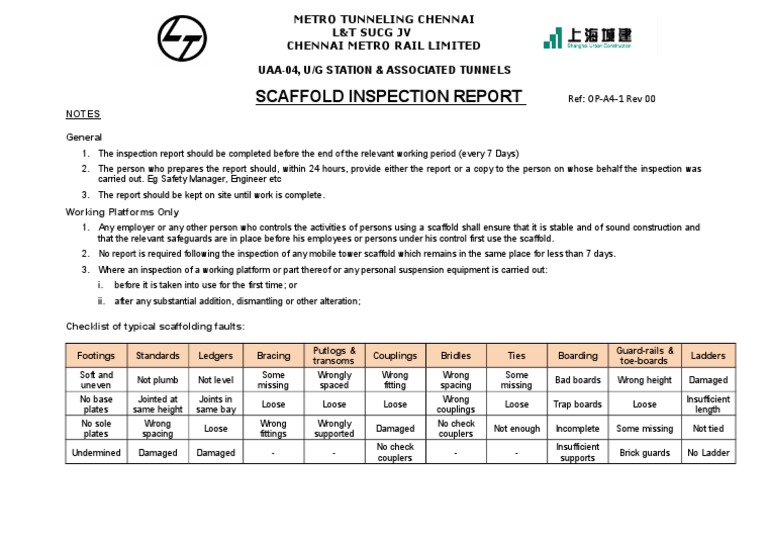 Scaffold Inspection Register | Scaffolding | Railway