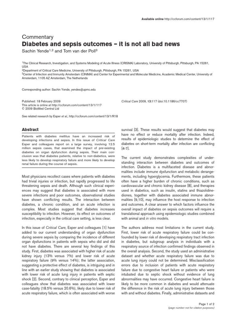 Diabetes and Sepsis Outcomes - It Is Not All Bad News: Commentary | PDF ...