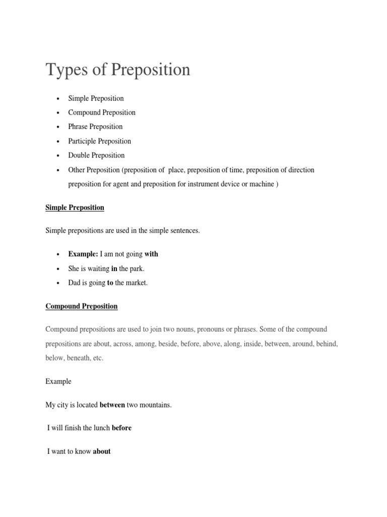 Types of Preposition (Javed) | PDF | Preposition And Postposition | Phrase