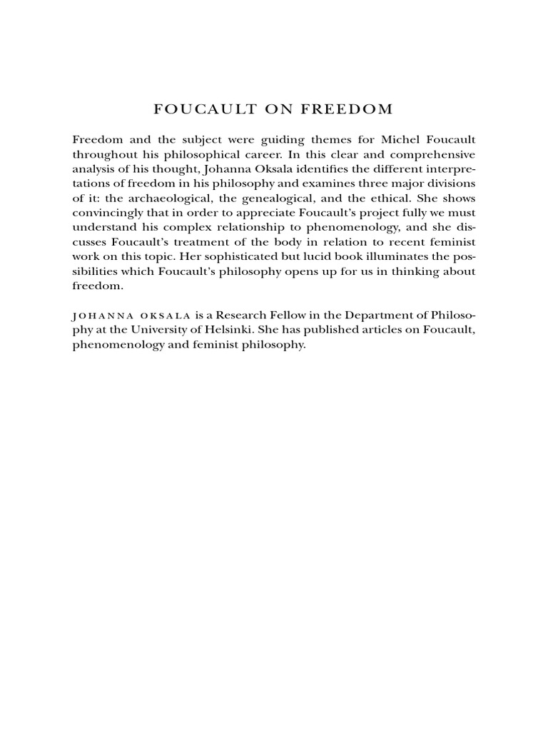 (Modern European Philosophy) Johanna Oksala-Foucault On Freedom ...