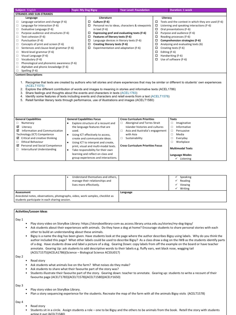 My Dog Bigsy: Foundation English Unit | PDF | Educational Technology ...