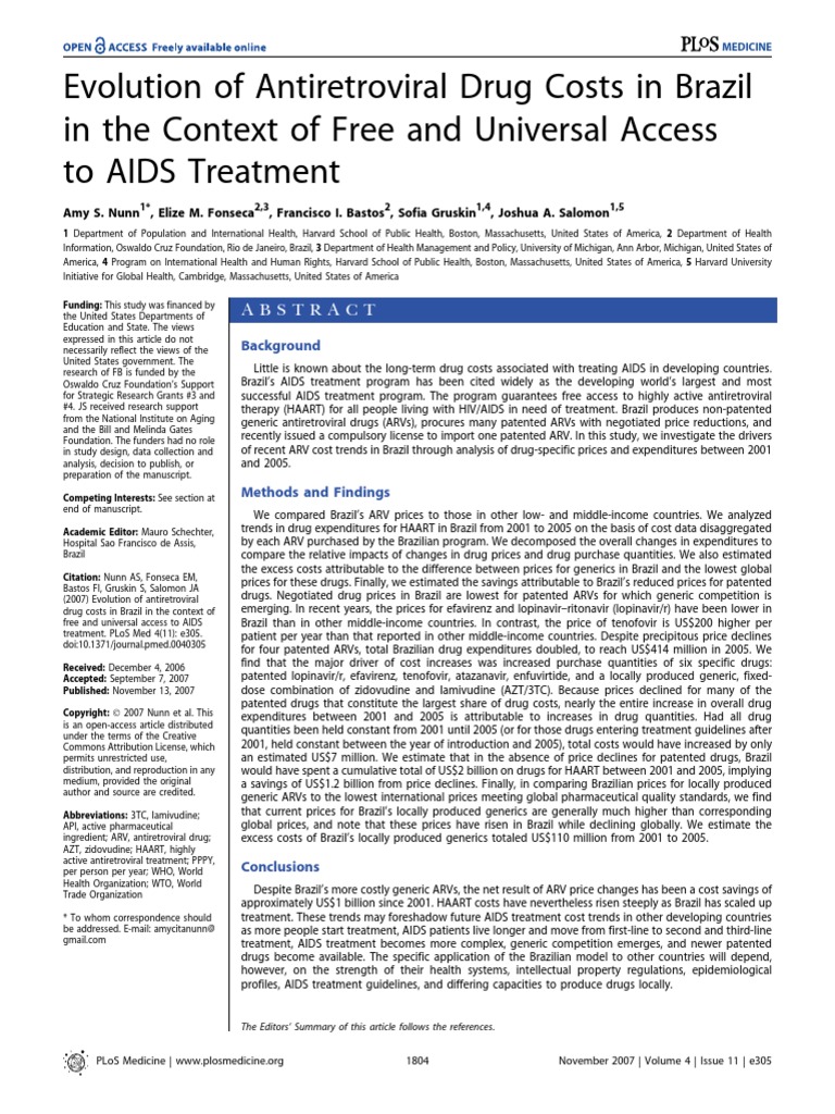Journal Pmed 0040305 | PDF | Management Of Hiv/Aids | Generic Drug
