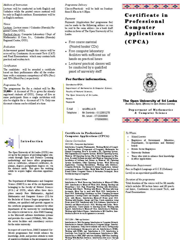 Certificate in Professional Computer Applications (CPCA) : For Further Information | PDF ...