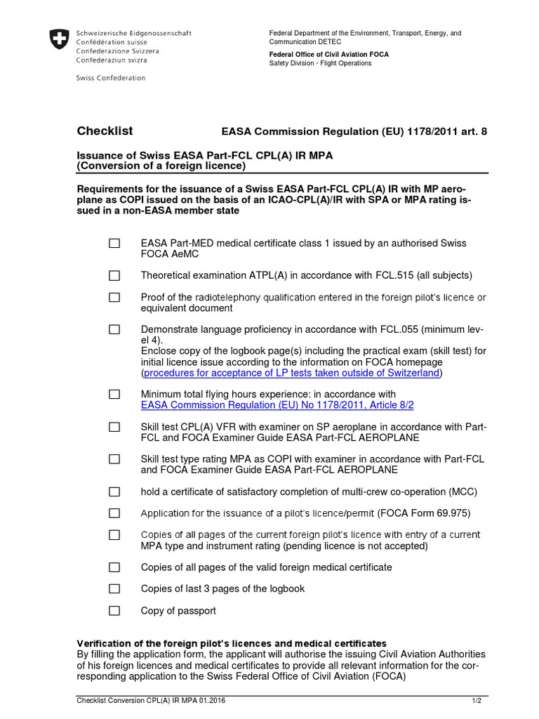 Conversion Swiss EASA Part-FCL CPL (A) MP | PDF | Aviation | Aeronautics