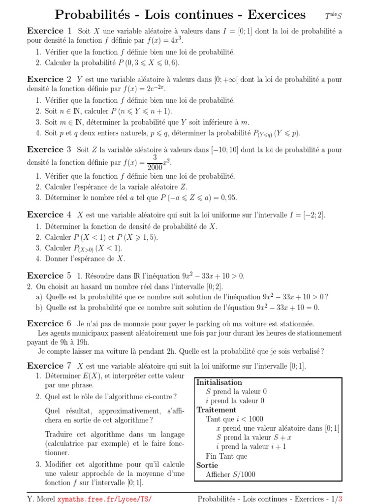 Lois de Probabilité et Exercices Corrigés | PDF | Loi de probabilité ...