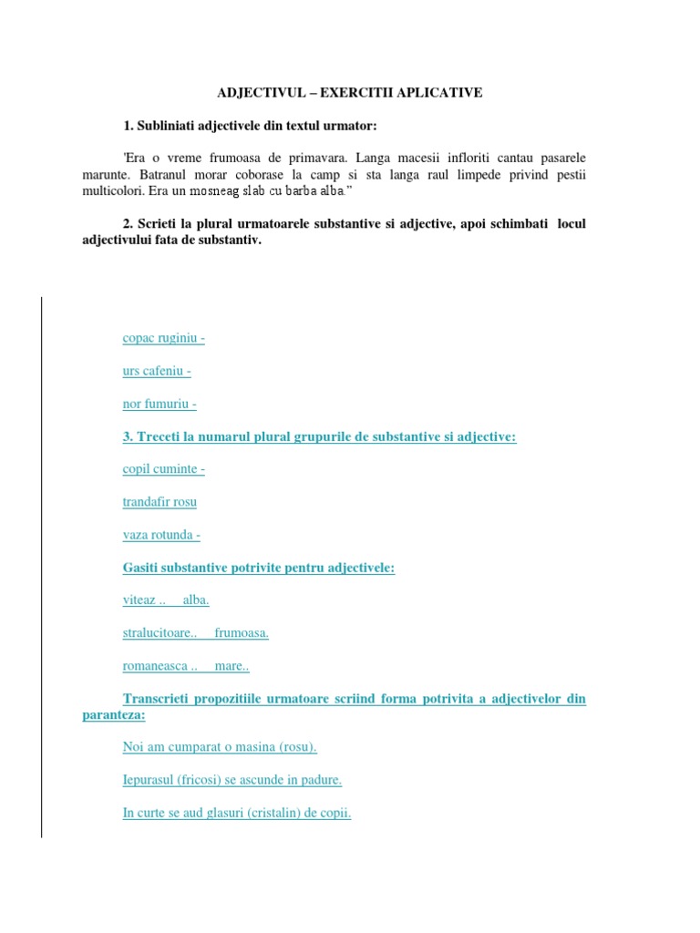 Adjectivul - Exercitii | PDF