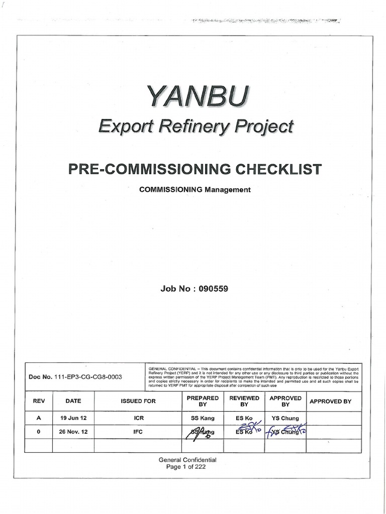 Pre Commissioning Check List Yasref Refinery | Pump | Specification ...