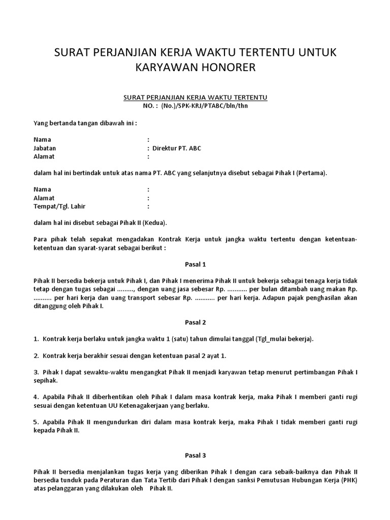 Surat Perjanjian Kerja Waktu Tertentu | PDF