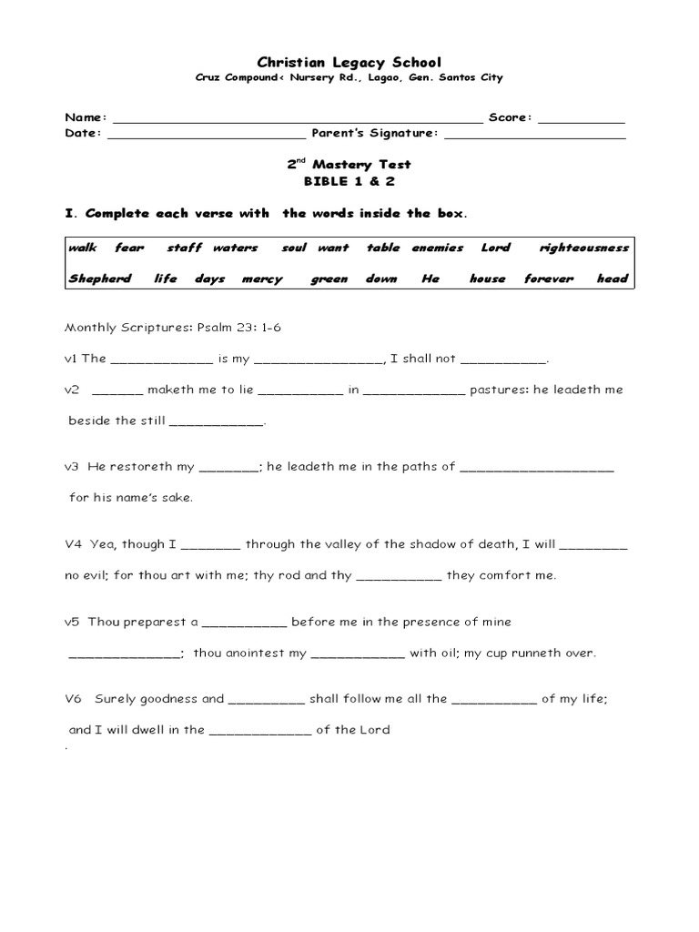 Christian Legacy School: 2 Mastery Test Bible 1 & 2 I. Complete Each ...