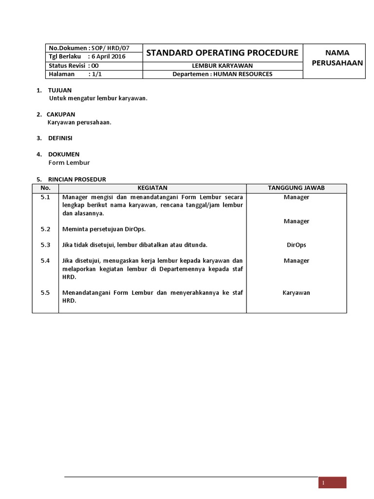 SOP Lembur Karyawan Perusahaan | PDF