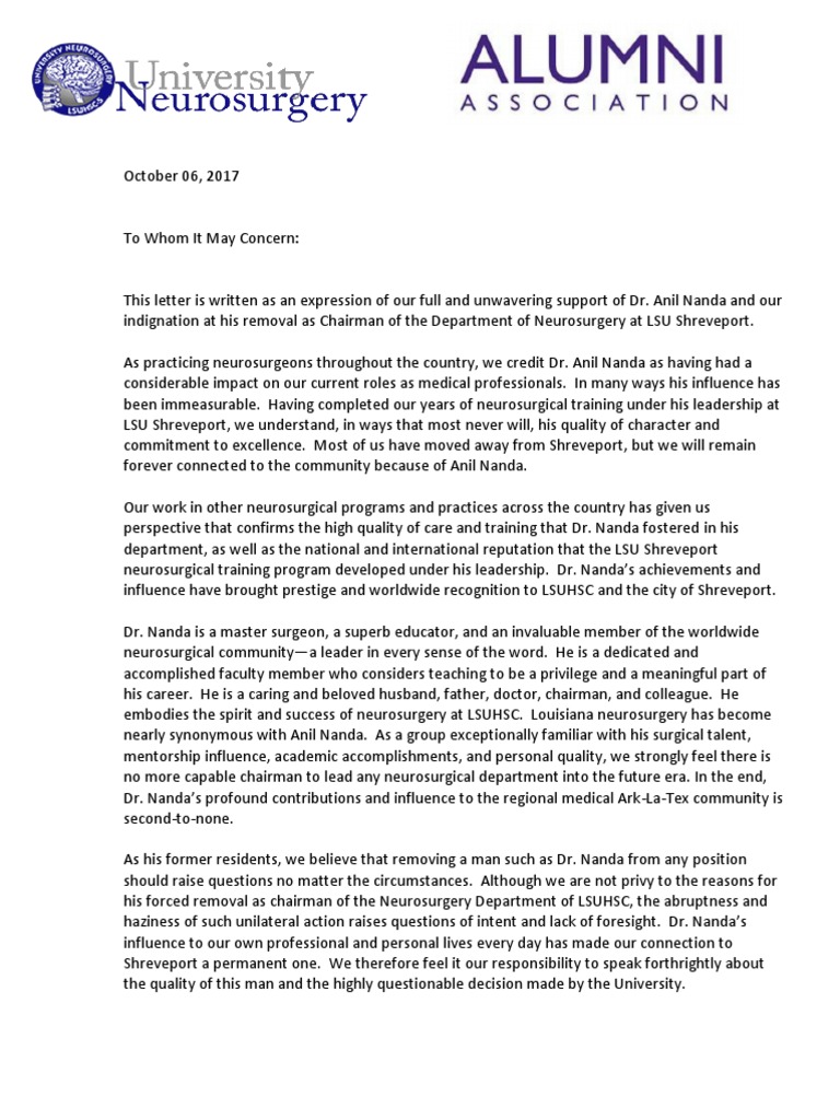 Alumni Letter of Support | Neurosurgery | Health Care