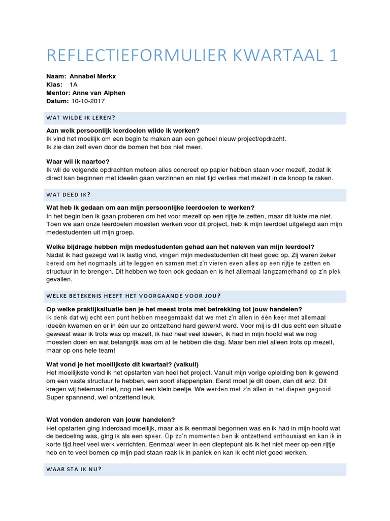 Reflectieformulier Kwartaal 1 Blanco Formulier | PDF