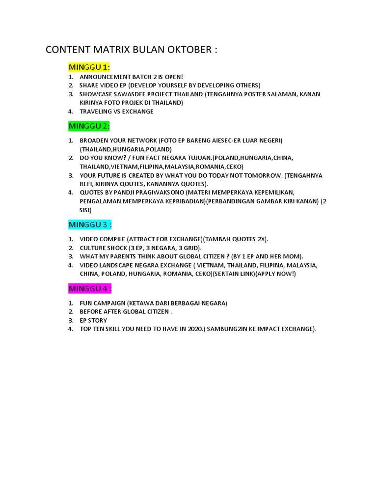 Content Matrix Bulan Oktober:: Minggu 1 | PDF