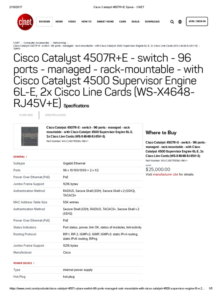 Cisco Catalyst 4507R+E Specs - CNET | PDF | Network Switch | Ethernet Cisco Catalyst 4507R+E Specs - CNET | PDF | Network Switch | Ethernet
