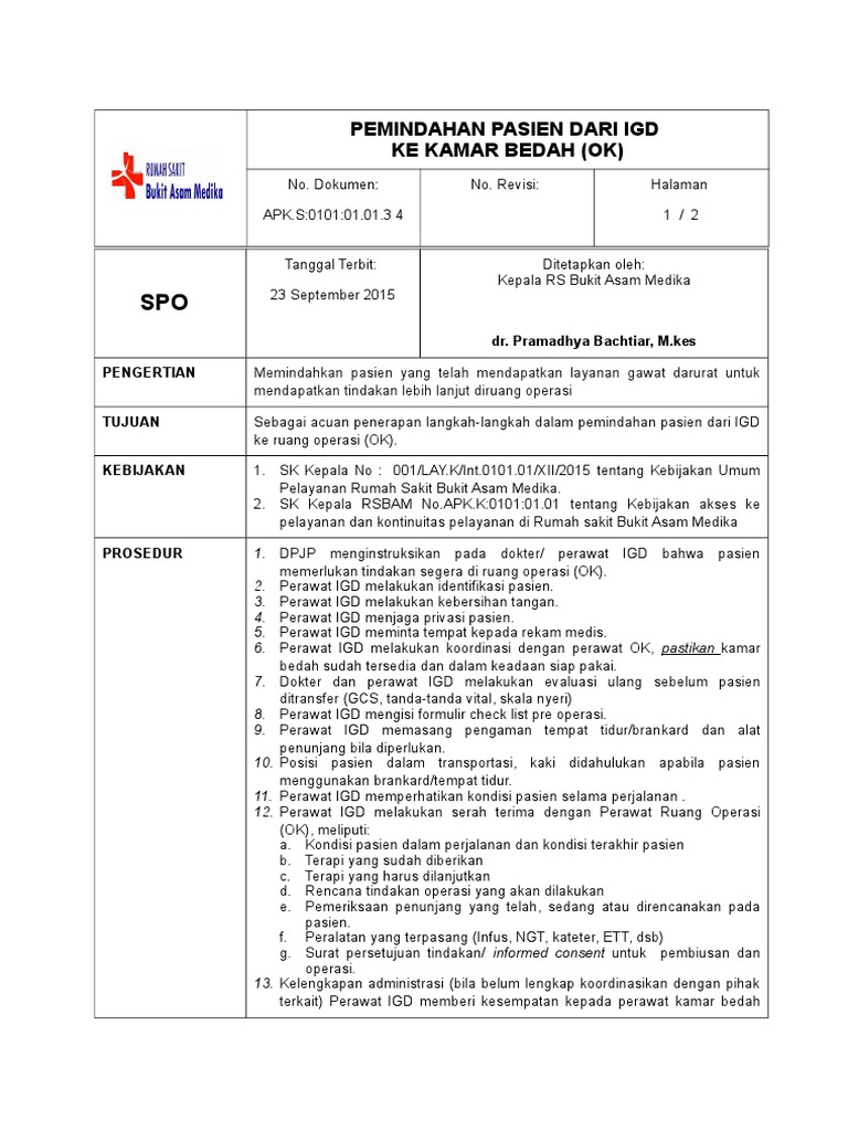 IGD SPO Pemindahan Pasien Dari IGD Ke Kamar Bedah | PDF | Hukum | Sains & Matematika