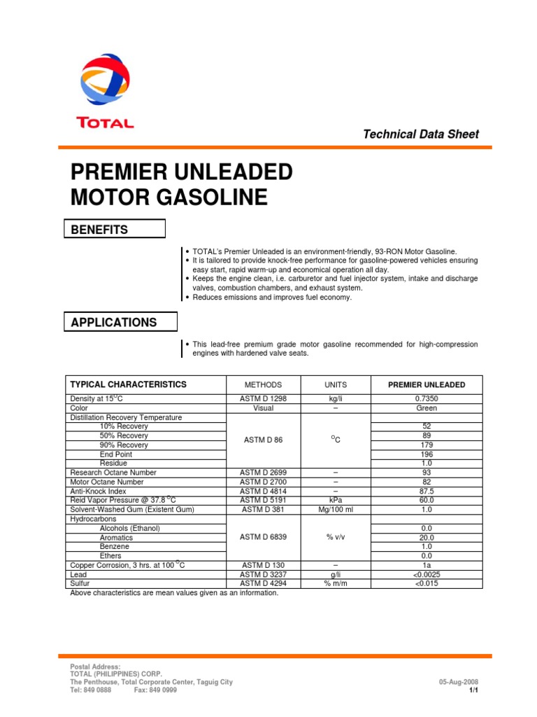Premier Unleaded-Technical Data Sheet | PDF | Gasoline | Fuels