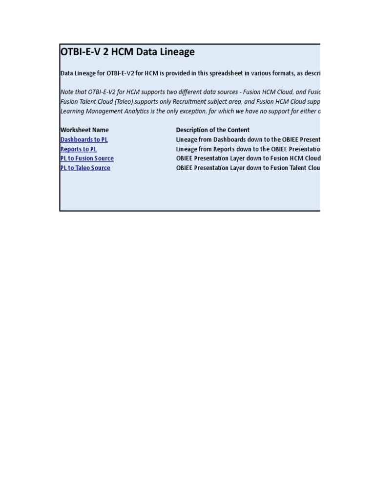 OTBI-E-V2 HCM Data Lineage - FusionAndTaleo | PDF | Data Management | Data