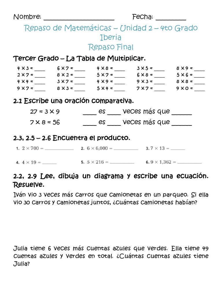 Repaso de Matemáticas 4to Examen 2 - Parte 1