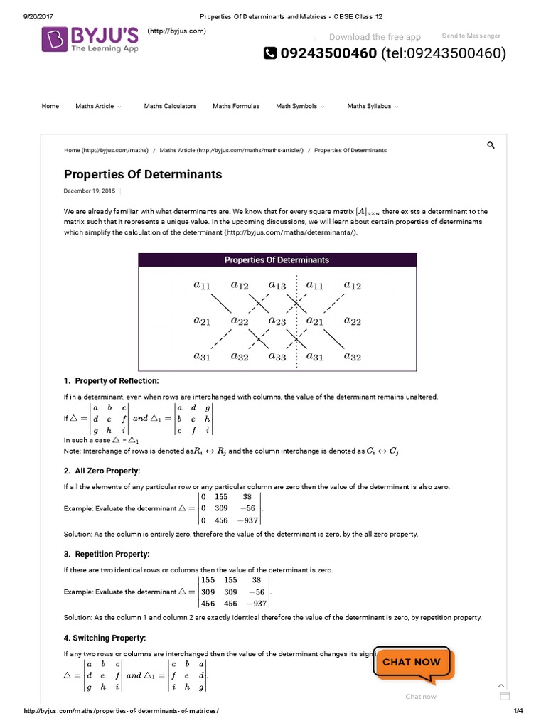 Properties of Determinants and Matrices - CBSE Class 12 | PDF | Determinant | Matrix (Mathematics)